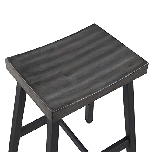 OUllUO Black Gray Bar Stools Set of 2, Backless Saddle Barstools, 25" Counter Height Bar Stools, Gray Solid Wood Counter Stools with Metal Frame for Kitchen Island, 521P-BGWD