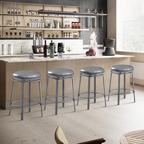 OUllUO Swivel Bar Stools Set of 2, 25 Inch Backless Counter Bar Height Stools, PU Leather Round Kitchen Counter Stools, Industrial Kitchen Island Stools with Metal Base, 520P-SGPU, Grey, 2Pcs