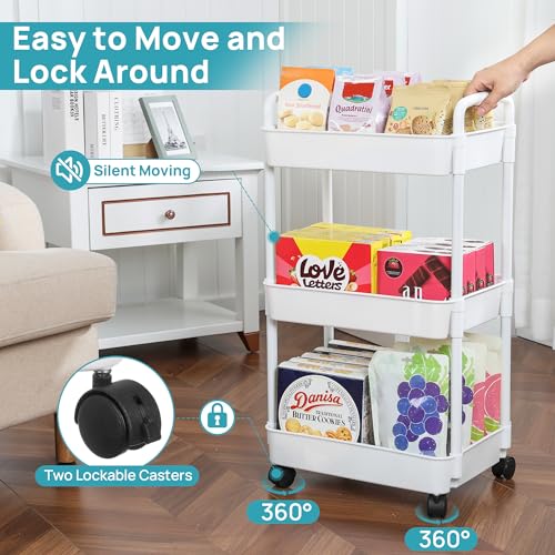 Vtopmart 3 Tier Rolling Cart with Wheels, Detachable Utility Storage Cart with Handle and Lockable Wheels, Storage Basket Organizer Shelves, Easy Assemble for Bathroom, Kitchen, White