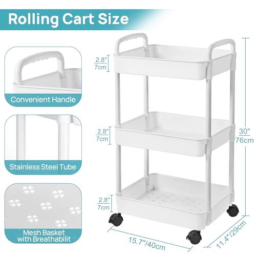 Vtopmart 3 Tier Rolling Cart with Wheels, Detachable Utility Storage Cart with Handle and Lockable Wheels, Storage Basket Organizer Shelves, Easy Assemble for Bathroom, Kitchen, White