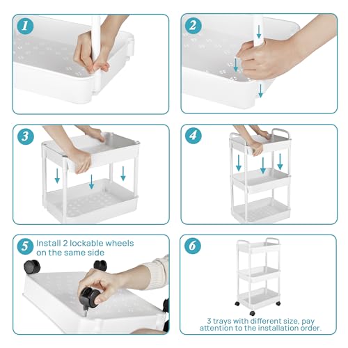 Vtopmart 3 Tier Rolling Cart with Wheels, Detachable Utility Storage Cart with Handle and Lockable Wheels, Storage Basket Organizer Shelves, Easy Assemble for Bathroom, Kitchen, White