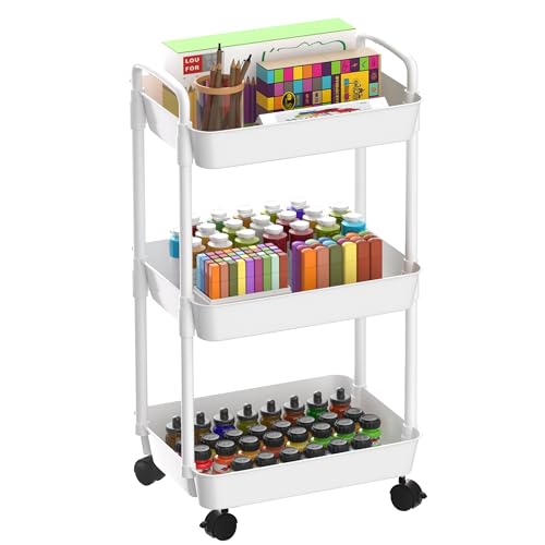 Vtopmart 3 Tier Rolling Cart with Wheels, Detachable Utility Storage Cart with Handle and Lockable Wheels, Storage Basket Organizer Shelves, Easy Assemble for Bathroom, Kitchen, White