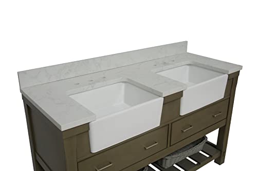 Kitchen Bath Collection Charlotte 60-inch Double Farmhouse Vanity (Engineered Carrara/Weathered Gray): Includes Weatherd Gray Cabinet with Engineered Carrara Countertop and White Ceramic Apron Sinks