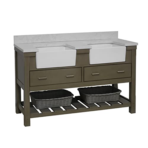 Kitchen Bath Collection Charlotte 60-inch Double Farmhouse Vanity (Engineered Carrara/Weathered Gray): Includes Weatherd Gray Cabinet with Engineered Carrara Countertop and White Ceramic Apron Sinks