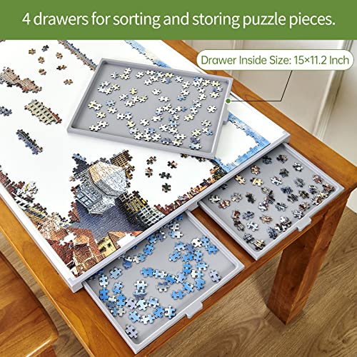 1500 Piece Non-Wood Jigsaw Puzzle Board with Drawers and Felt Fabric Cover Mat, Portable Puzzle Table for Adults, Puzzle Tray, Large Size: 35×26 Inch Work Surface, Lightweight Design, Gray