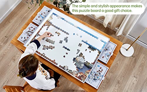 1500 Piece Non-Wood Jigsaw Puzzle Board with Drawers and Felt Fabric Cover Mat, Portable Puzzle Table for Adults, Puzzle Tray, Large Size: 35×26 Inch Work Surface, Lightweight Design, Gray