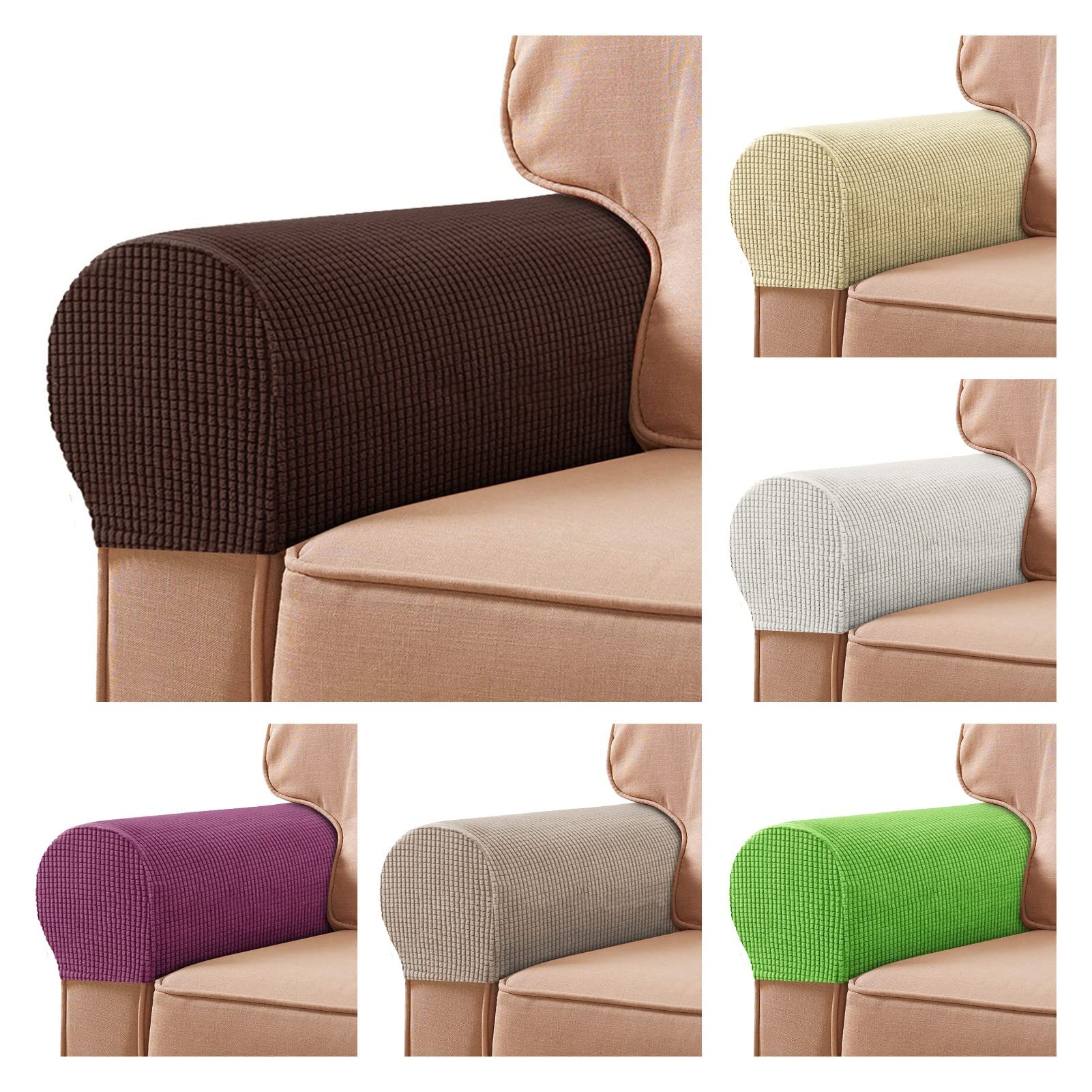 Roadoor 1 Pair Stretch Armrest Protector, Sofa Arm Covers for Chairs High Elastic Polyester Armrest Armchair Slipcover for Recliner Sofa Light Coffee