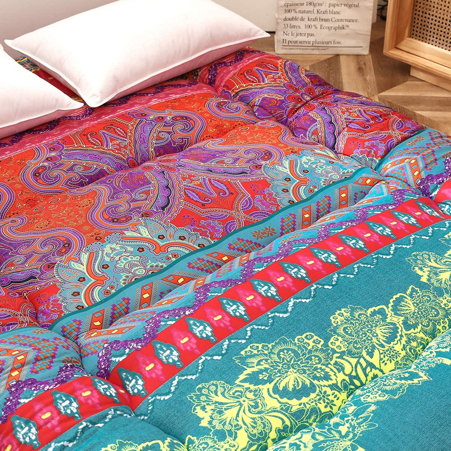 MAXYOYO Bohemian Futon Floor Mattress Boho Floral Style Japanese Tatami Mat Foldable Bed Portable Camping Sleeping Pad Lounger Couch Bed, Queen