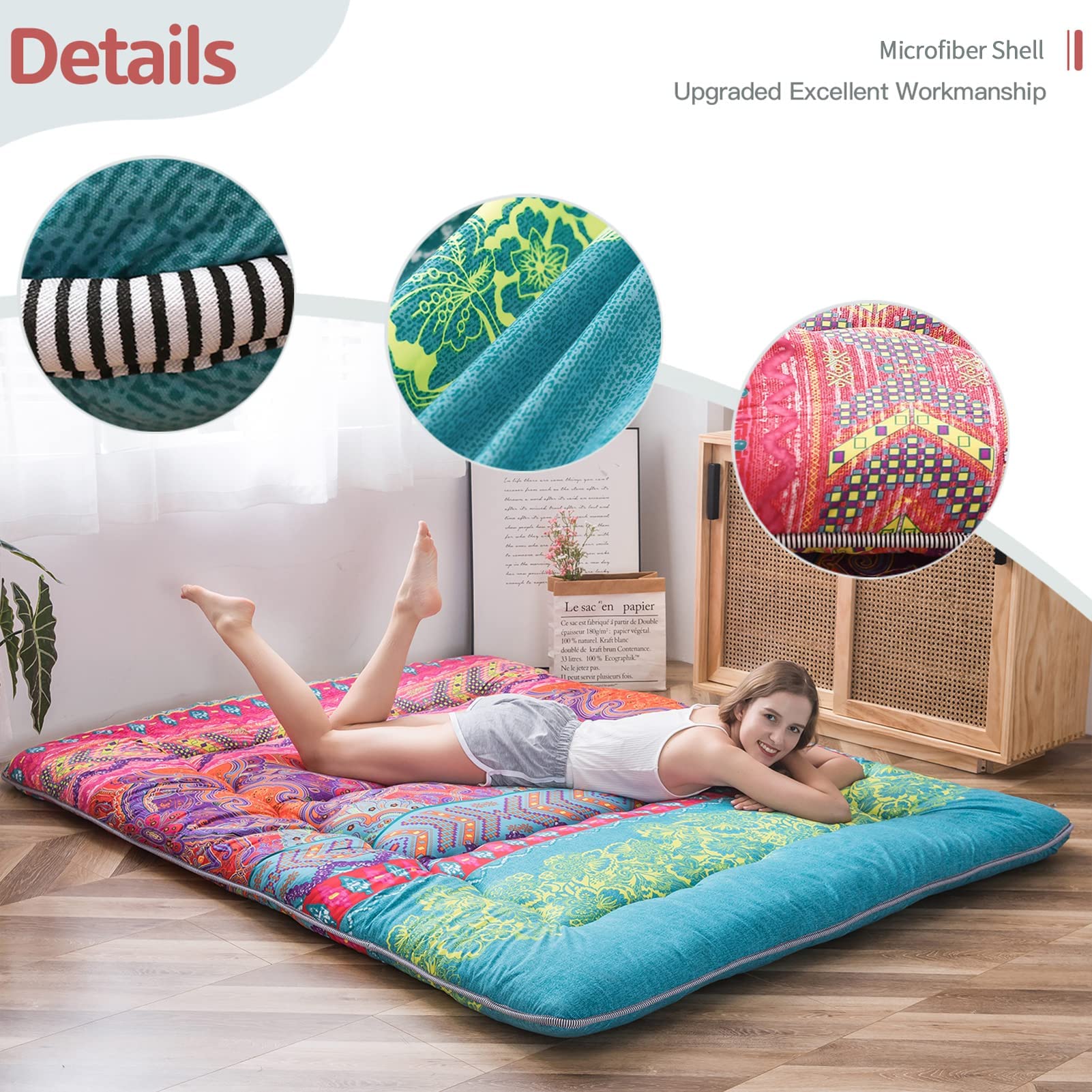 MAXYOYO Bohemian Futon Floor Mattress Boho Floral Style Japanese Tatami Mat Foldable Bed Portable Camping Sleeping Pad Lounger Couch Bed, Queen