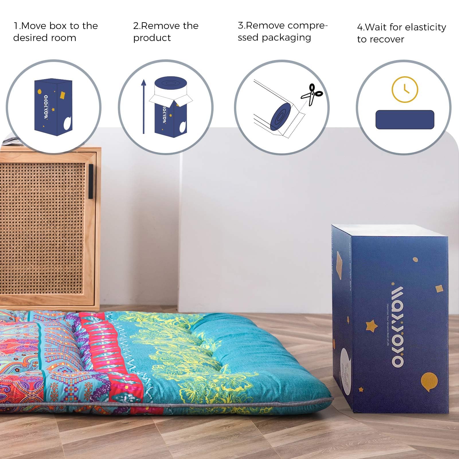 MAXYOYO Bohemian Futon Floor Mattress Boho Floral Style Japanese Tatami Mat Foldable Bed Portable Camping Sleeping Pad Lounger Couch Bed, Queen