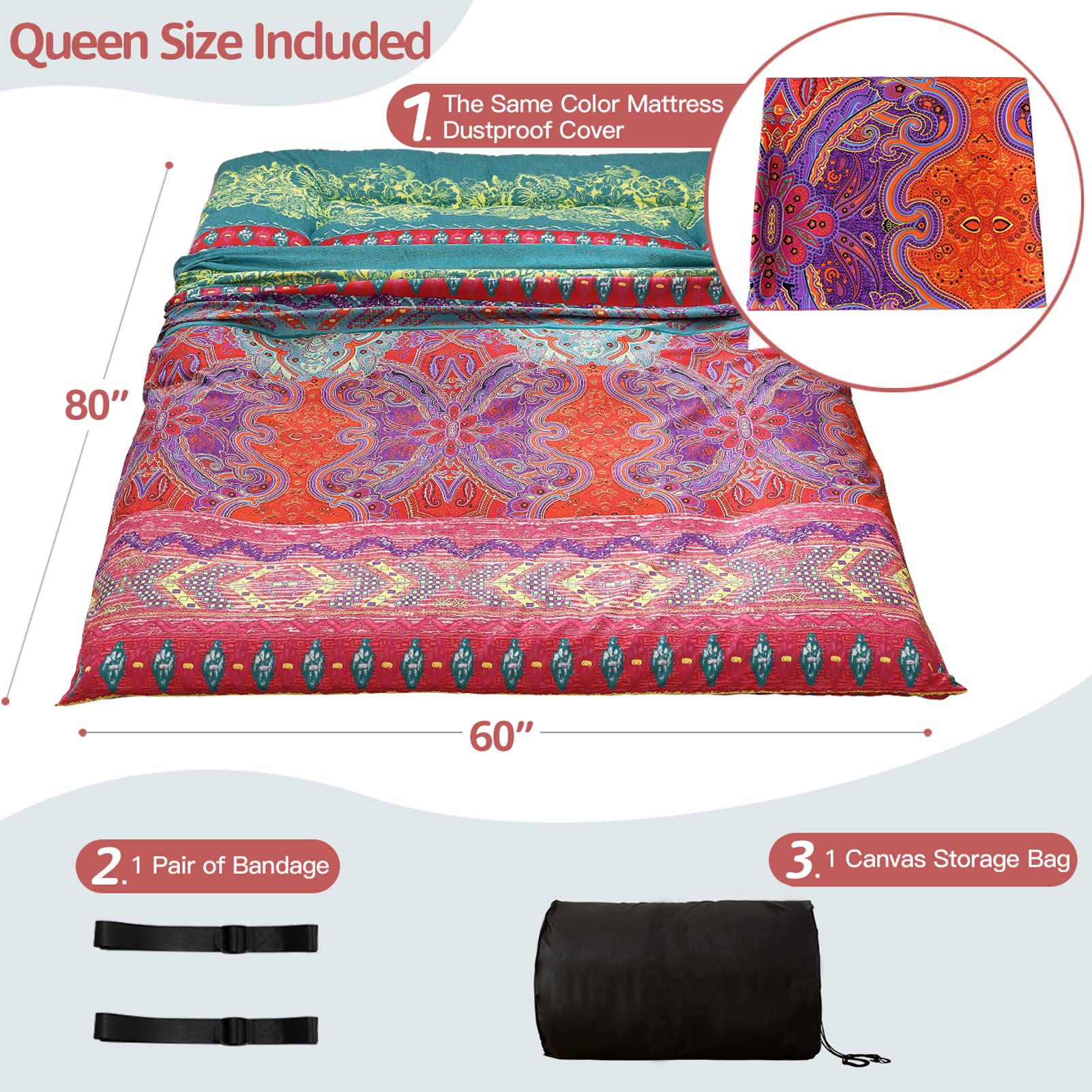 MAXYOYO Bohemian Futon Floor Mattress Boho Floral Style Japanese Tatami Mat Foldable Bed Portable Camping Sleeping Pad Lounger Couch Bed, Queen