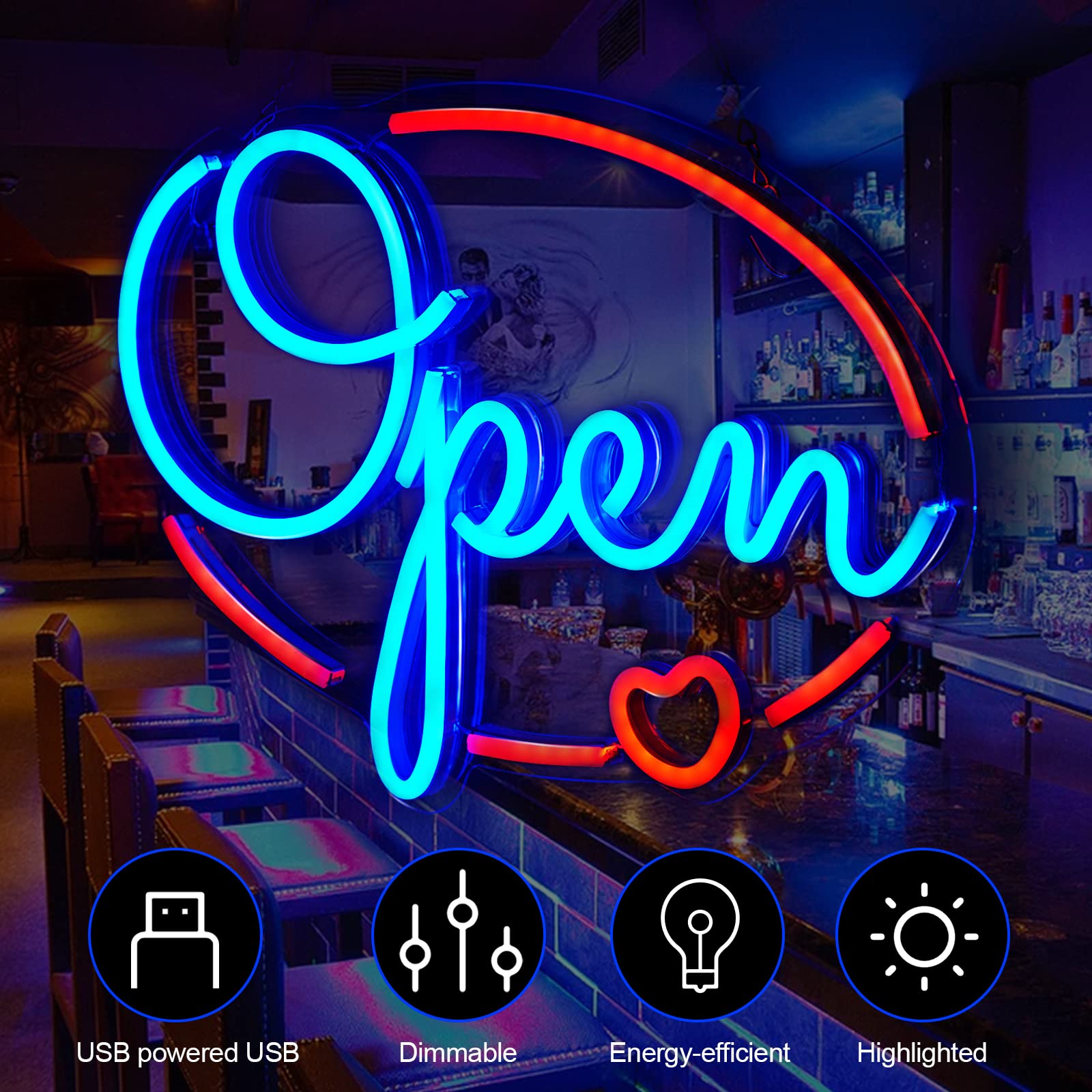 FITNATE Open Sign for Business, 16"x 12" Brightness Adjustable Neon Open Sign USB Powered Ultra Bright Led Light Sign for Window Bar Store Party Decor