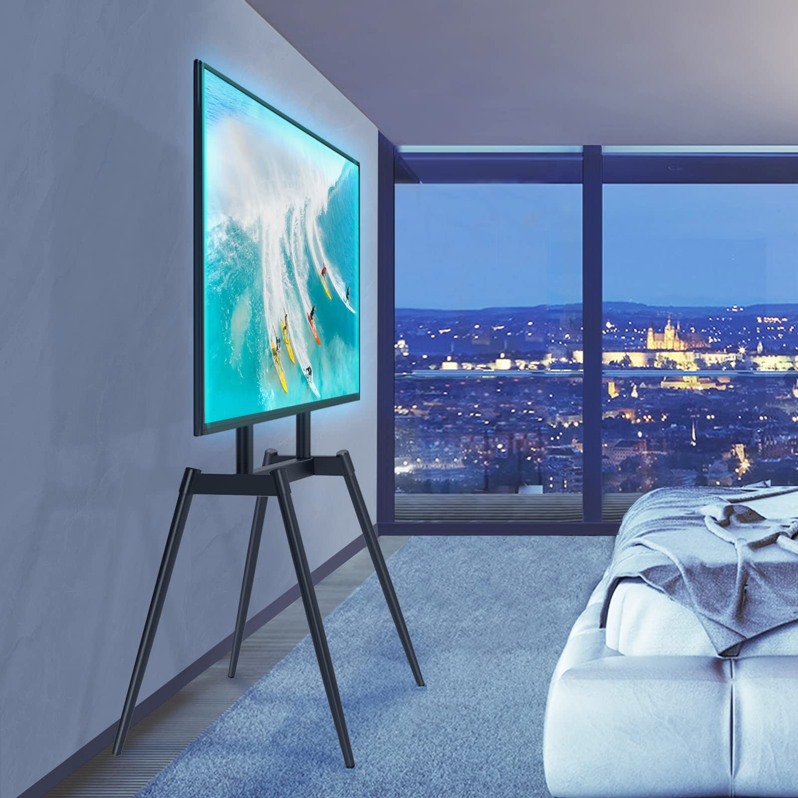 Artistic Easel TV Stand for 32-86 inch LCD LED Flat Curved Screens TVs up to 132 lbs, Studio TV Display Stand with Height Adjustable, TV Stand with 4 Legs, Max VESA 660x400mm, Hide Your Wires, Black
