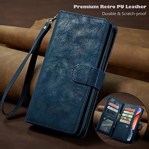Varikke for iPhone 14 Wallet Case, Detachable Magnetic Wallet Flip Cases with Card Holder & Kickstand & Wristlet Fits iPhone 14 [6.1 inch] Phone Cover for Women Men Durable PU Leather, Vintage Blue