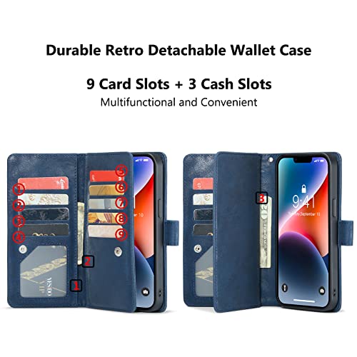 Varikke for iPhone 14 Wallet Case, Detachable Magnetic Wallet Flip Cases with Card Holder & Kickstand & Wristlet Fits iPhone 14 [6.1 inch] Phone Cover for Women Men Durable PU Leather, Vintage Blue