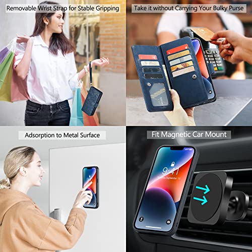 Varikke for iPhone 14 Wallet Case, Detachable Magnetic Wallet Flip Cases with Card Holder & Kickstand & Wristlet Fits iPhone 14 [6.1 inch] Phone Cover for Women Men Durable PU Leather, Vintage Blue