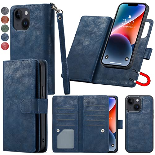 Varikke for iPhone 14 Wallet Case, Detachable Magnetic Wallet Flip Cases with Card Holder & Kickstand & Wristlet Fits iPhone 14 [6.1 inch] Phone Cover for Women Men Durable PU Leather, Vintage Blue