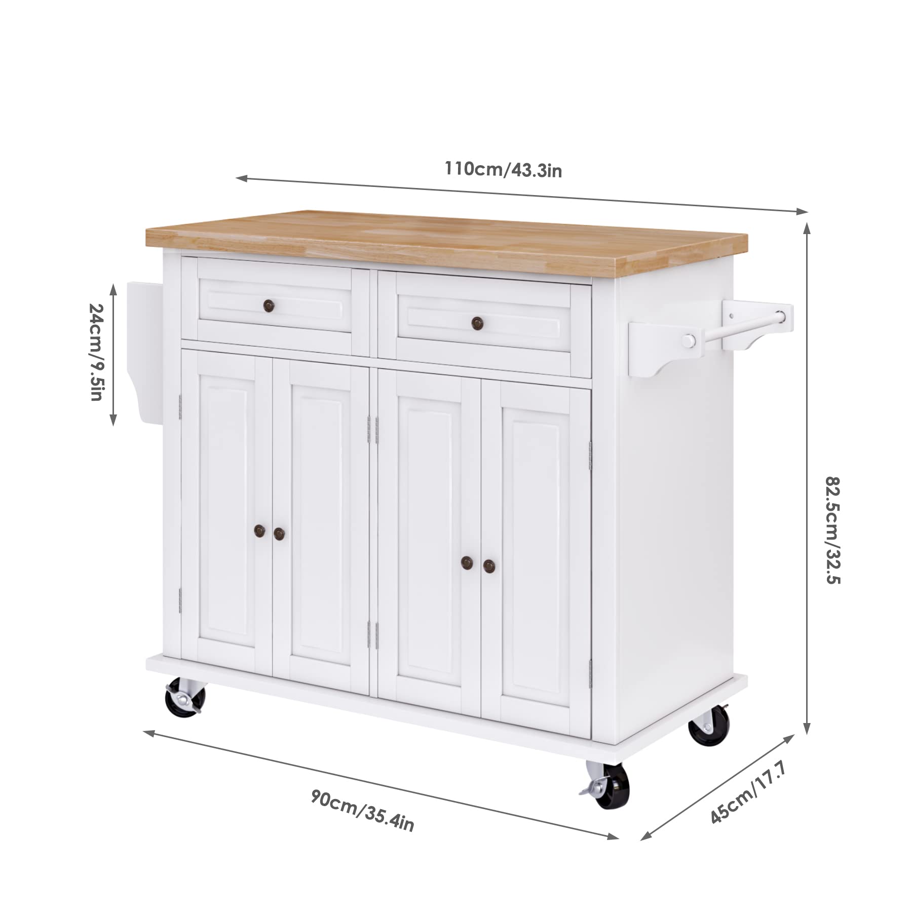 43β Rolling Mobile Kitchen Island Cart on Wheels with Drawers, Storage Cabinet, Rubberwood Countertop and Spice/ Towel Rack, Adjustable Shelves, White