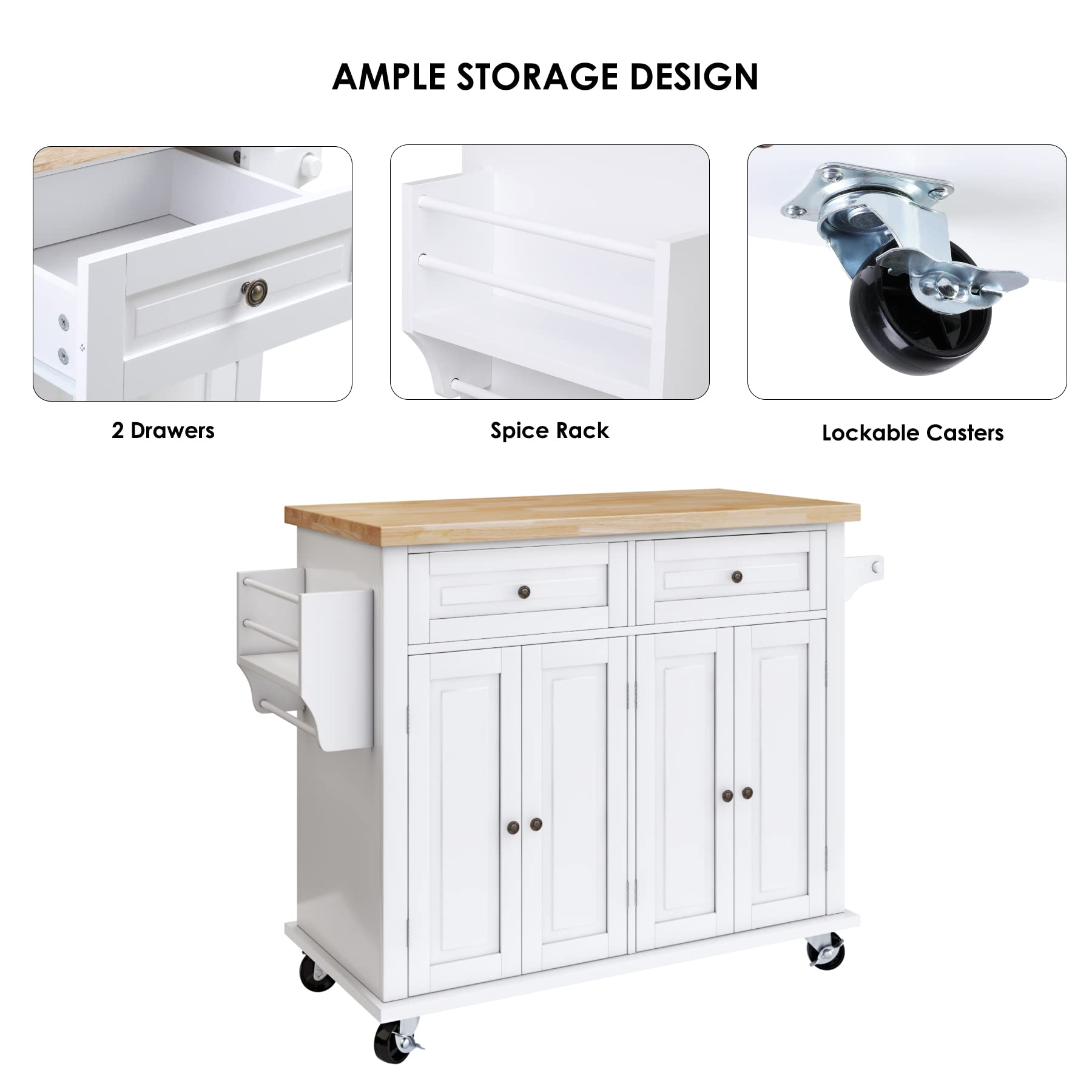 43β Rolling Mobile Kitchen Island Cart on Wheels with Drawers, Storage Cabinet, Rubberwood Countertop and Spice/ Towel Rack, Adjustable Shelves, White