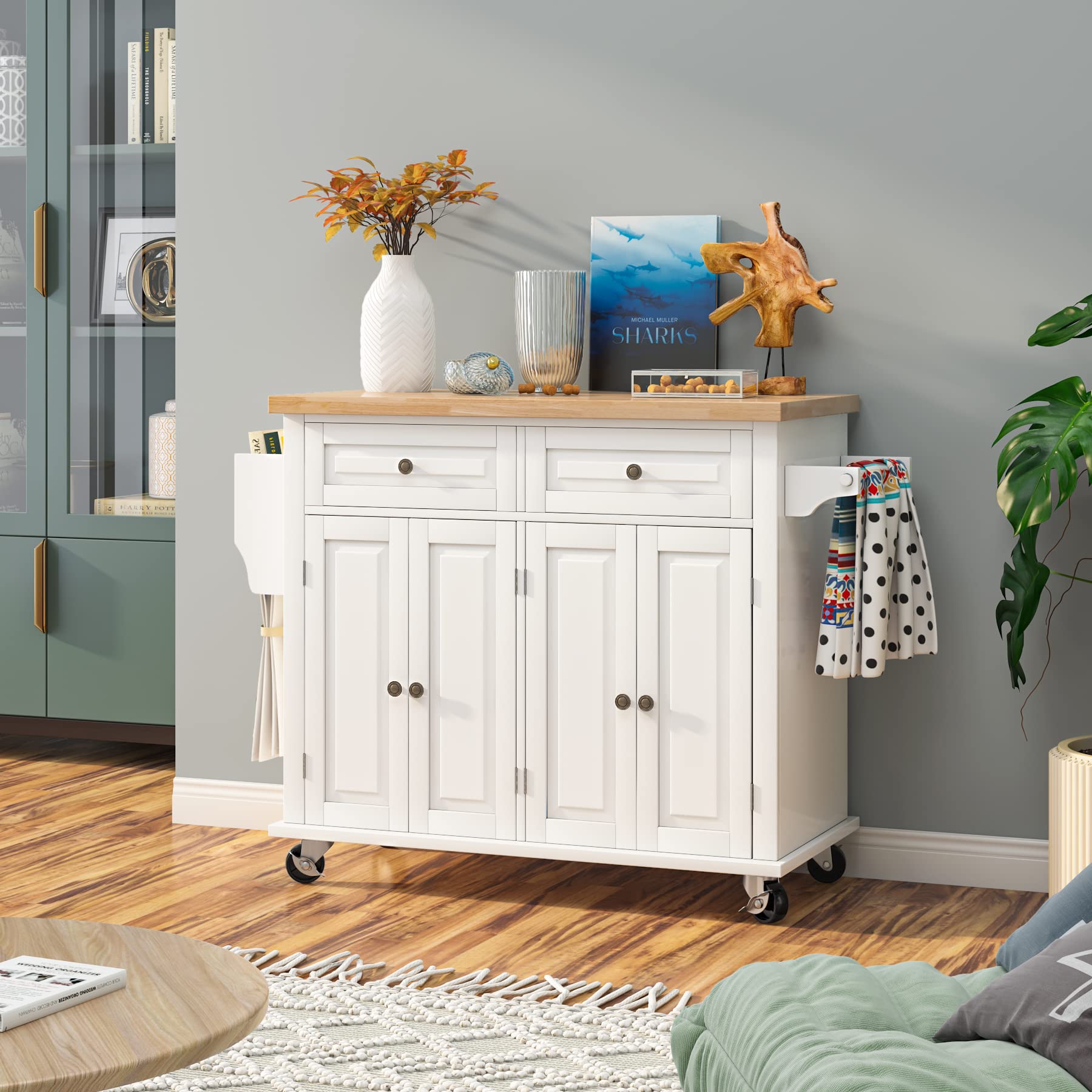 43β Rolling Mobile Kitchen Island Cart on Wheels with Drawers, Storage Cabinet, Rubberwood Countertop and Spice/ Towel Rack, Adjustable Shelves, White