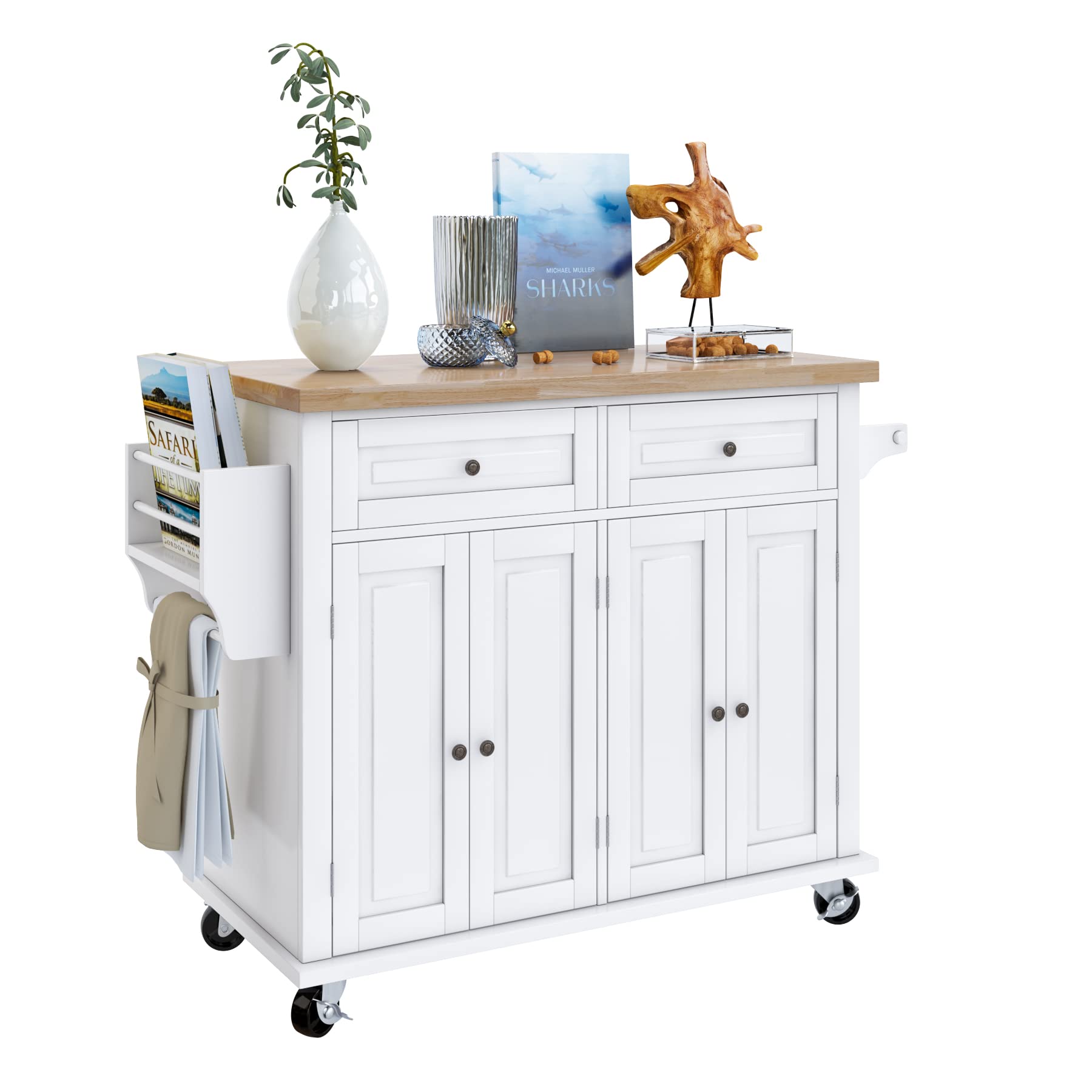 43β Rolling Mobile Kitchen Island Cart on Wheels with Drawers, Storage Cabinet, Rubberwood Countertop and Spice/ Towel Rack, Adjustable Shelves, White