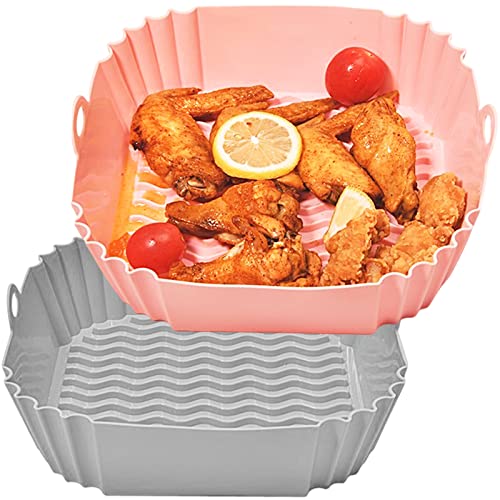 2 Pcs Air Fryer Square Silicone Liners, 8 inch for 4 to 7QT Reusable Silicone Pot for Air Fryer Basket Easy Clean or Oven Microwave Air Fryer Accessories Basket (Grey+Pink)
