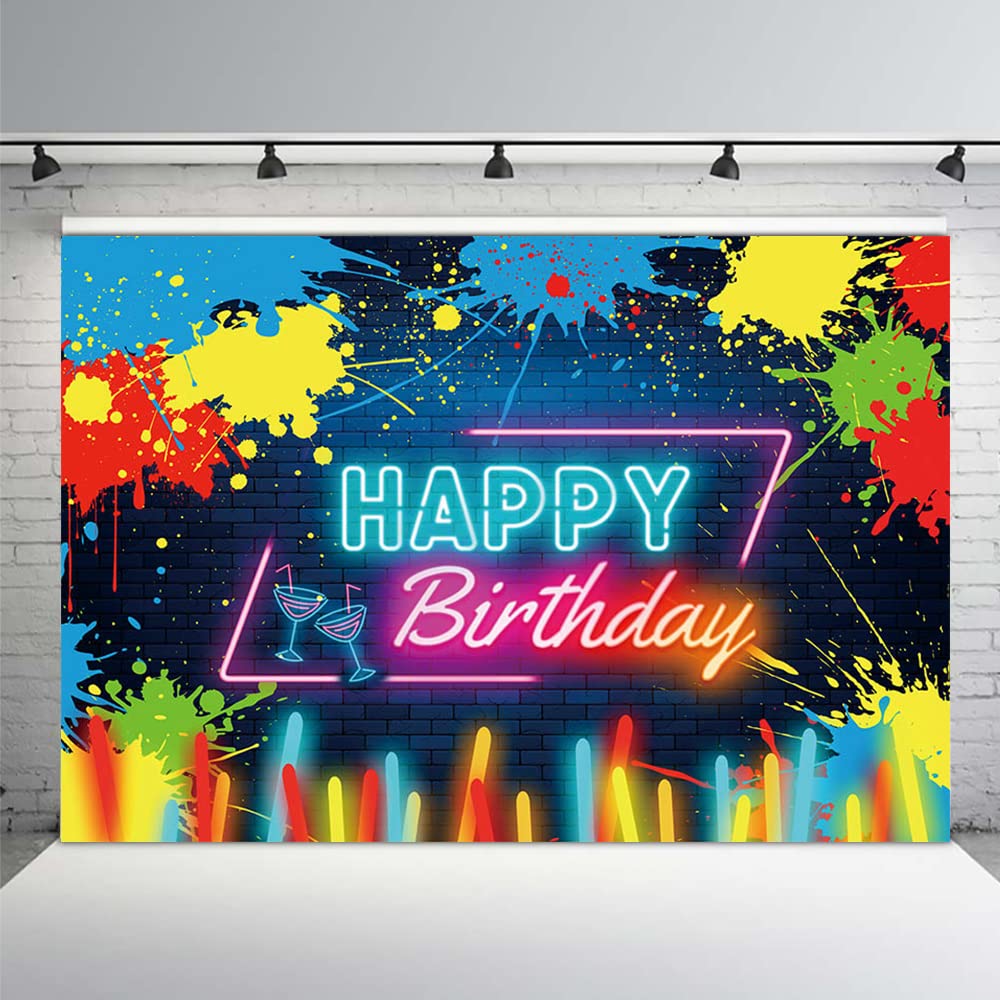MEHOFOND Birthday Neon Glow Backdrop in The Dark Birthday Party Decorations Colorful Painting Graffiti Glow Brick 80s 90s Retro Disco Happy Bday Photography Background Photo Studio Decor 7x5ft