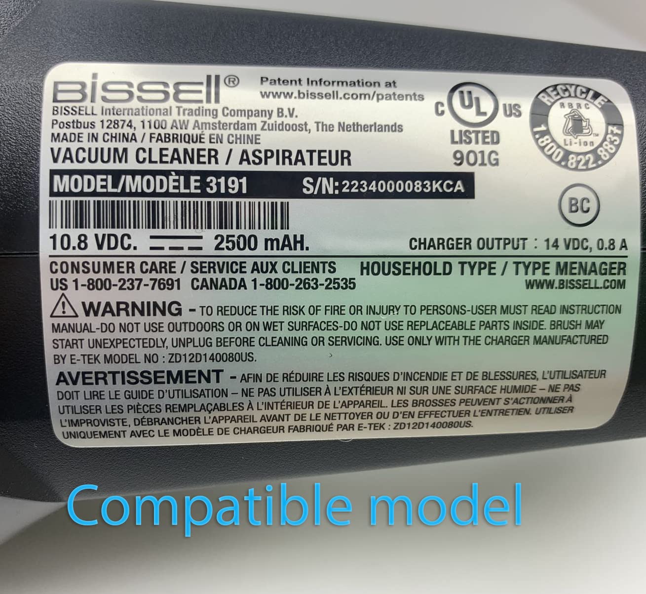 Replacement Charger for Bissell Powerlifter ION PET 2-in-1 Lightweight Cordless 3191 3191C Lithium-ion Battery 14v 800mA 2-in-1 Cordless Stick Vacuum E-Tek ZD12D140080US