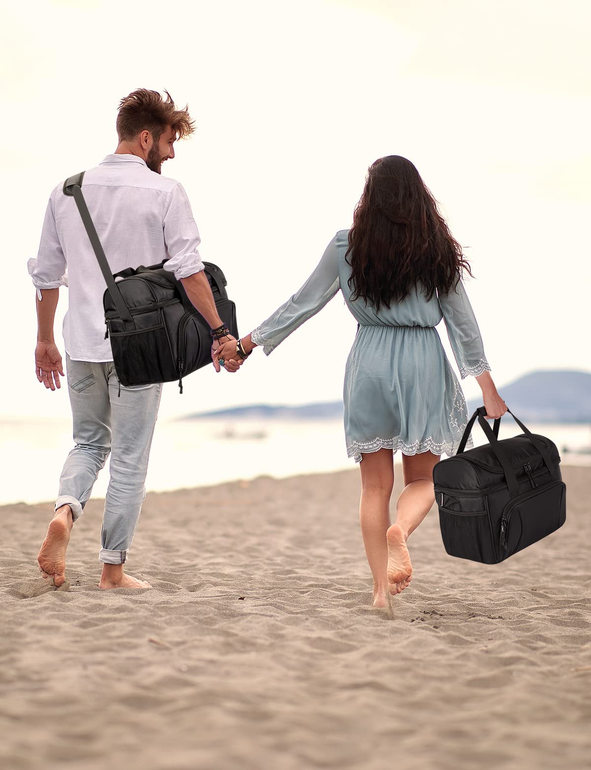 Double Leaves 30L Extra Large Cooler Bag Insulated Flight Attendant Lunch Bag Crew Cooler Bag for Men Soft Sided Lunch Box Leakproof for Travel Camping Beach Picnic, Black