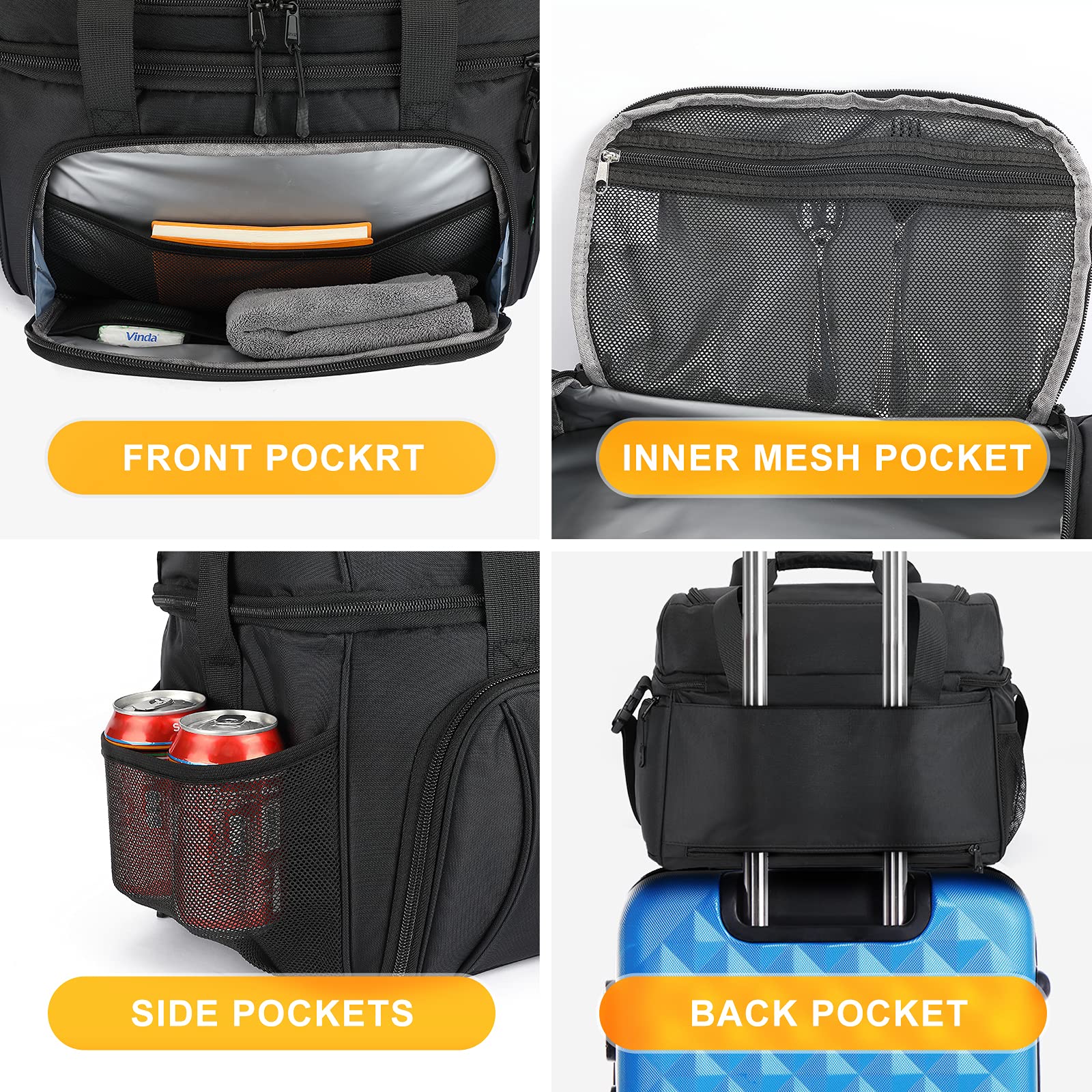 Double Leaves 30L Extra Large Cooler Bag Insulated Flight Attendant Lunch Bag Crew Cooler Bag for Men Soft Sided Lunch Box Leakproof for Travel Camping Beach Picnic, Black
