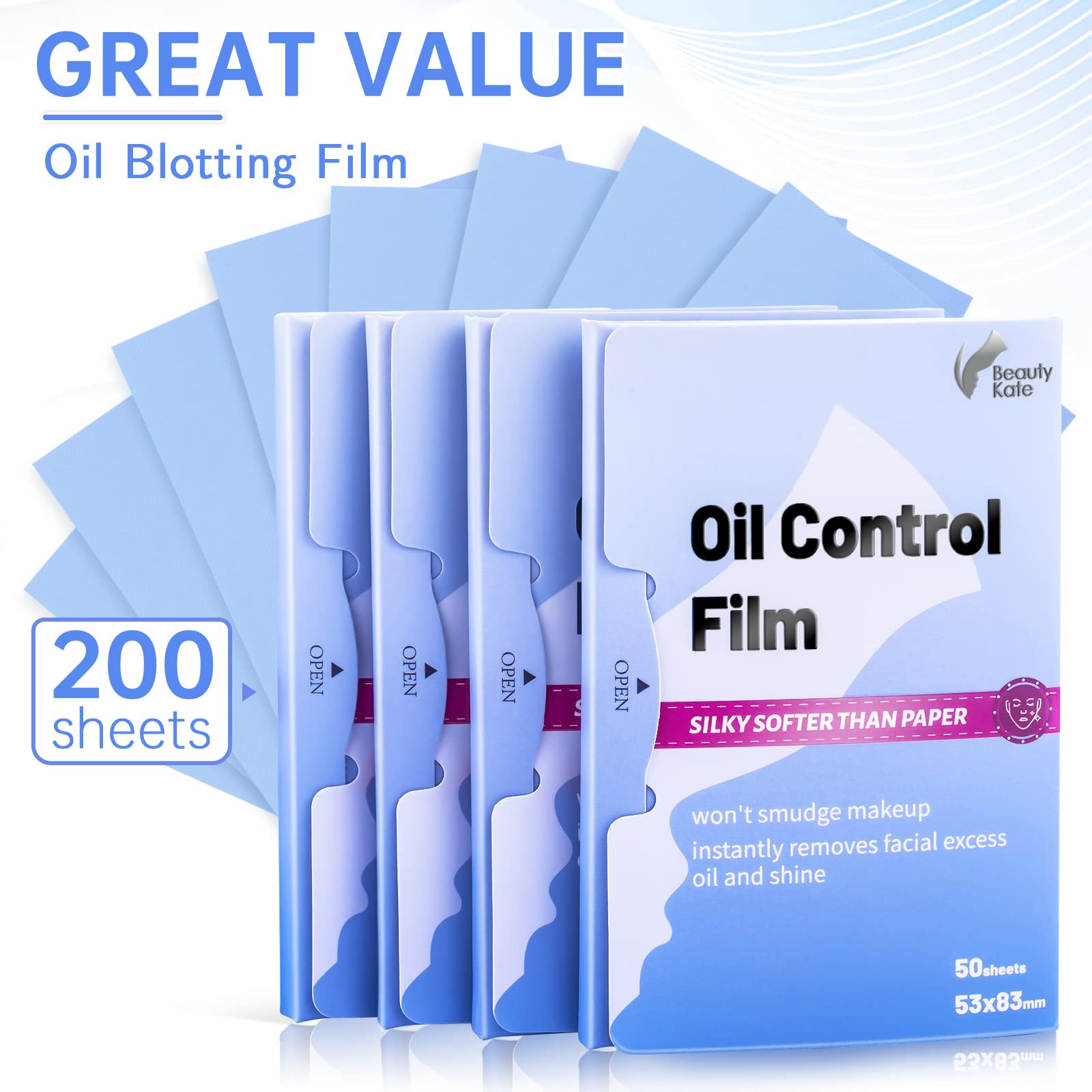 Great Absorbent Oil Blotting Sheets for Face - 10% Larger Oil Control Film 4pk/200 Makeup Friendly Blotting Paper for Oily Skin, High-Performance, Tear-proof Oil Absorbing Tissues