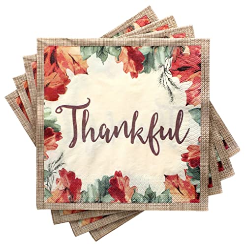 Fall Harvest Leaves "Thankful" Disposable Paper Lunch Napkins | Beautiful Leaf Design with Burlap Border | Perfect for Fall Parties, Thanksgiving & Decoupage | 24 ct | 2 ply | 6.5"x6.5" size folded