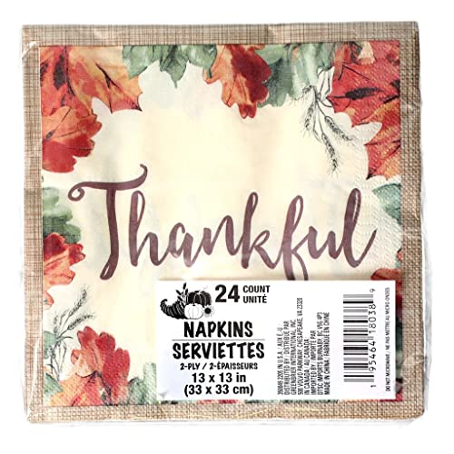 Fall Harvest Leaves "Thankful" Disposable Paper Lunch Napkins | Beautiful Leaf Design with Burlap Border | Perfect for Fall Parties, Thanksgiving & Decoupage | 24 ct | 2 ply | 6.5"x6.5" size folded