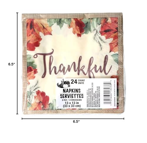 Fall Harvest Leaves "Thankful" Disposable Paper Lunch Napkins | Beautiful Leaf Design with Burlap Border | Perfect for Fall Parties, Thanksgiving & Decoupage | 24 ct | 2 ply | 6.5"x6.5" size folded