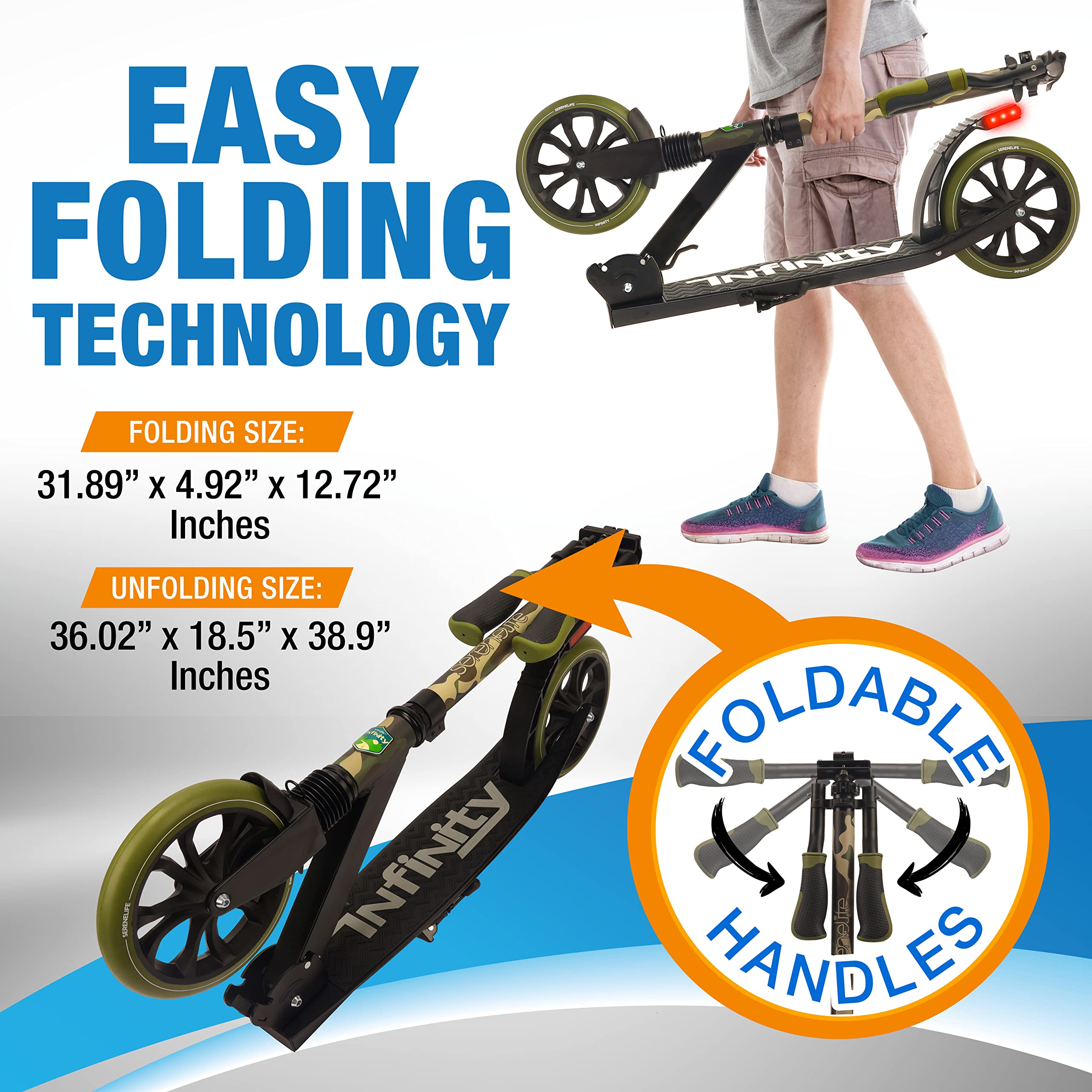 SereneLife Lightweight and Foldable Kick Scooter Comfortable T-Bar Handlebar, Adjustable Scooter for Teens and Adult, Alloy Deck with High Impact Wheels, Durable ABEC-7 Bearings, Camo