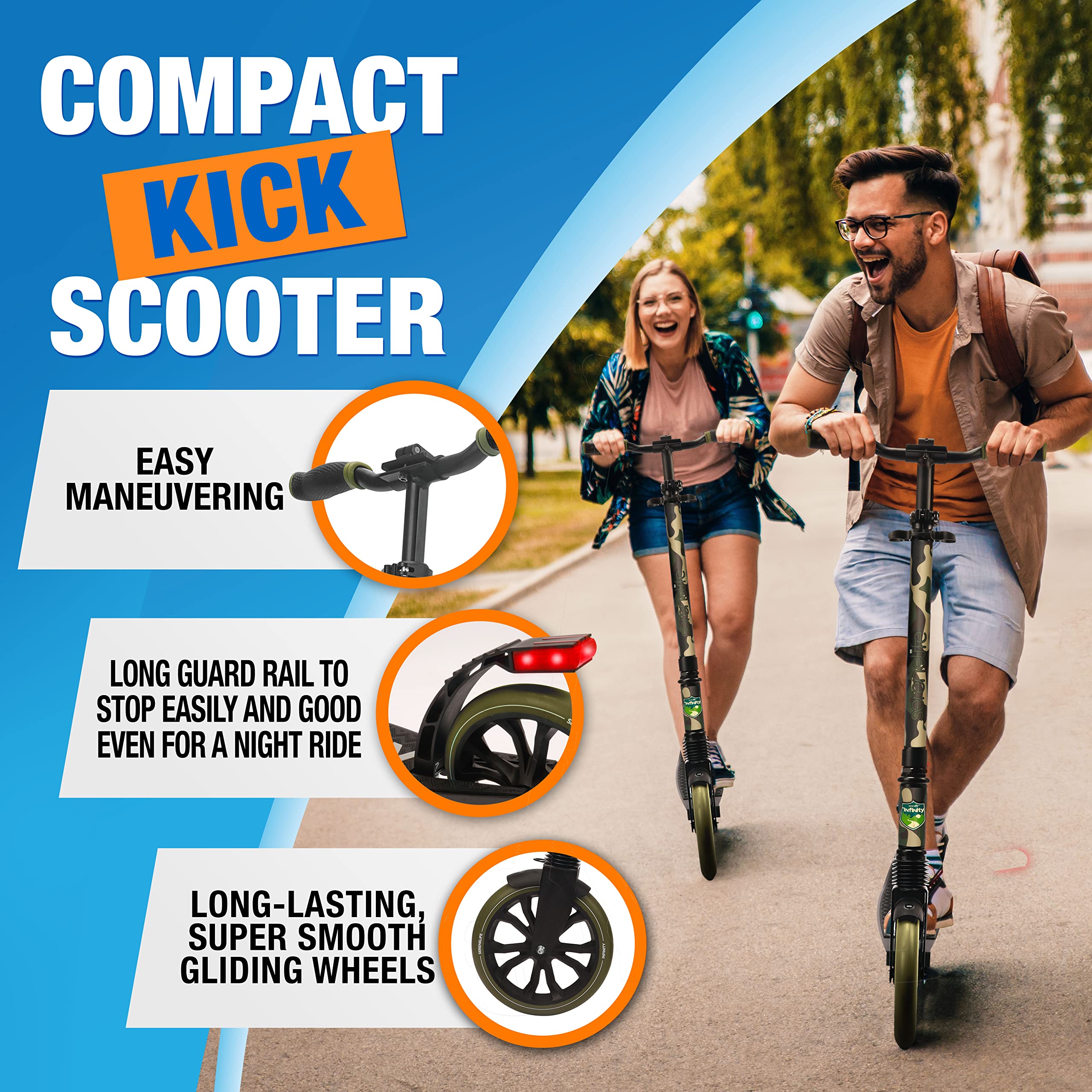 SereneLife Lightweight and Foldable Kick Scooter Comfortable T-Bar Handlebar, Adjustable Scooter for Teens and Adult, Alloy Deck with High Impact Wheels, Durable ABEC-7 Bearings, Camo