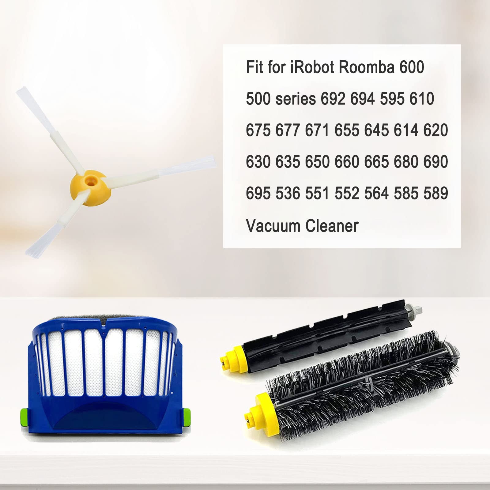 Replacement Accessories Kit for iRobot Roomba 600 Series 694 675 692 676 695 677 671 655 645 690 680 660 650 620 614 & 500 Series 595 585 564 robot 3 Bristle & 3 Beater Brush 8 Filter 8 Side Brush