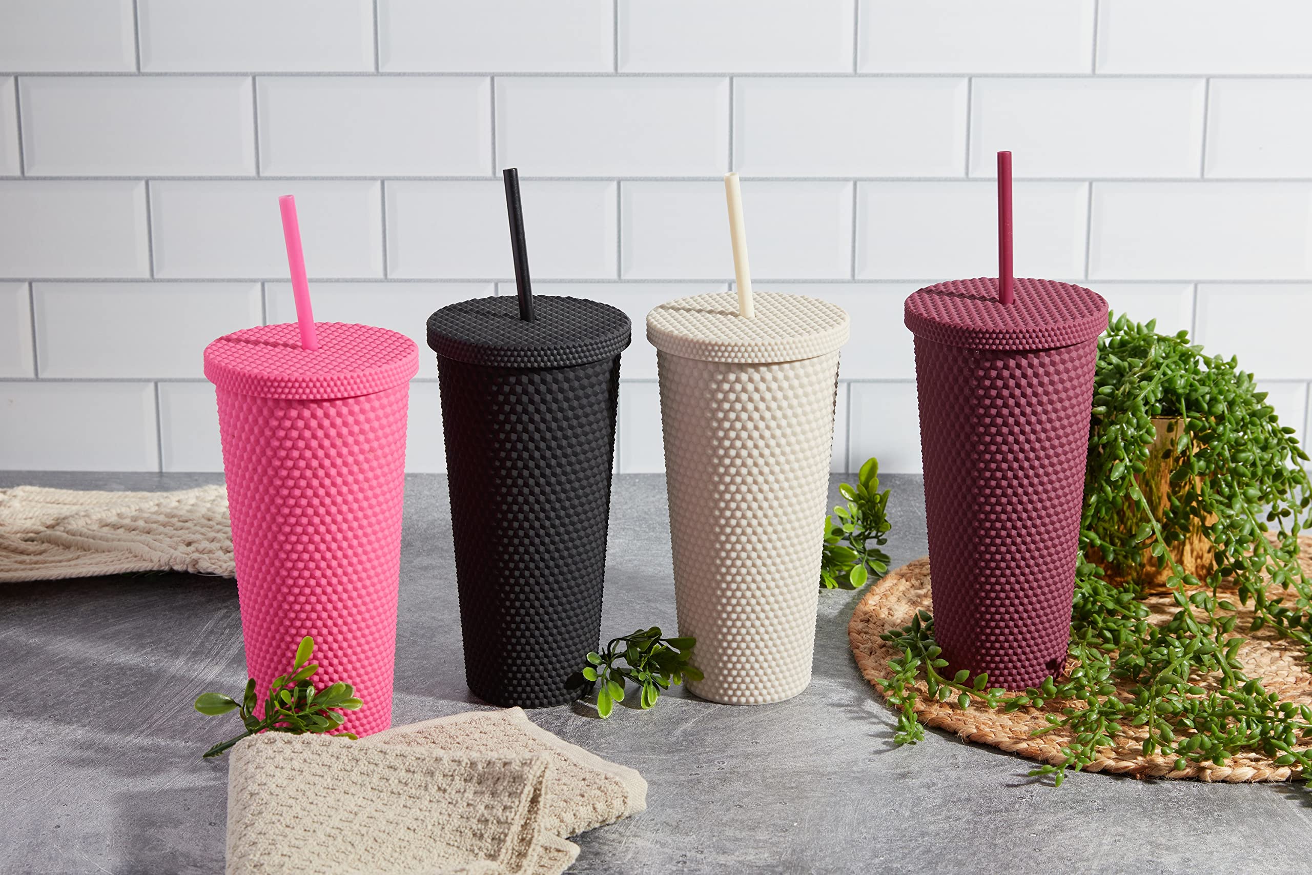 Matte Studded Tumbler with Lid & Straw, Reusable BPA Free Plastic Water Bottle, Travel Friendly Water/Iced Coffee/Cold Brew/Smoothie Textured Cold Cup, 24oz (Lilac)