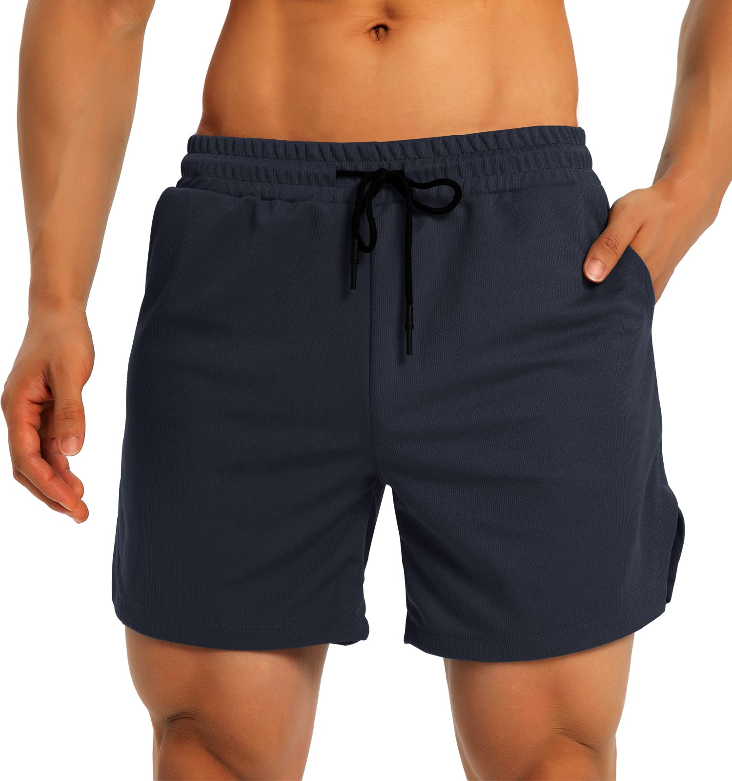 CNRUWE Mens Workout Running Shorts Lightweight Breathable Gym Athletic Shorts 5 inch Inseam Short Men with Zipper Pockets,Navy Blue M