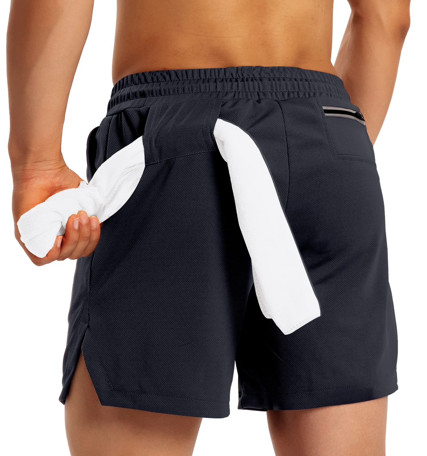 CNRUWE Mens Workout Running Shorts Lightweight Breathable Gym Athletic Shorts 5 inch Inseam Short Men with Zipper Pockets,Navy Blue M