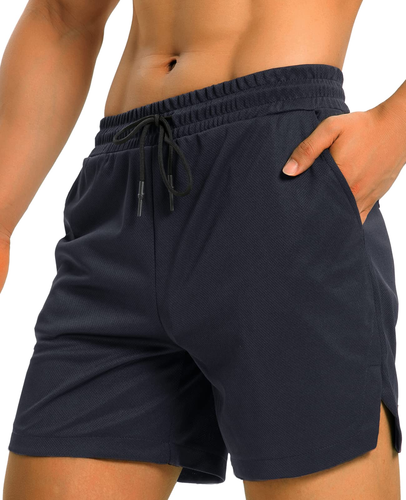 CNRUWE Mens Workout Running Shorts Lightweight Breathable Gym Athletic Shorts 5 inch Inseam Short Men with Zipper Pockets,Navy Blue M