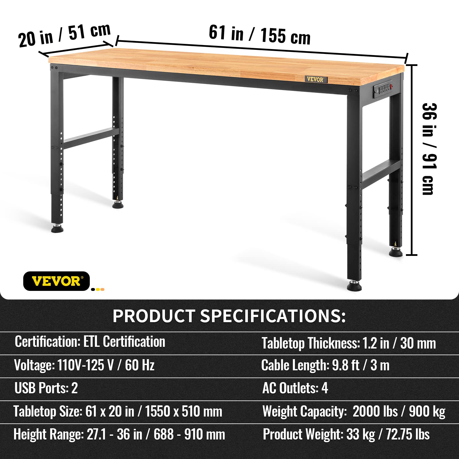 VEVOR 60" Adjustable Workbench, Heavay Duty Workstation 2000 LBS Load Capacity, with Power Outlets & Rubber Wood Top & Metal Frame & Foot Pads, for Workshop Office Home Garage