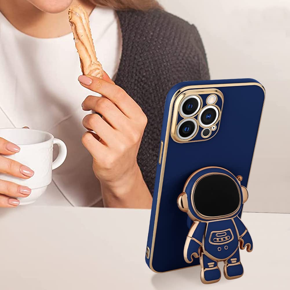 AIGOMARA 6D Plating Astronaut Hidden Stand Case Cover for iPhone 13 Pro Max Women Astronaut Folding Bracket Kickstand iPhone Case with Camera Protector Soft TPU Shockproof Bumper 6.7 in - Navy Blue