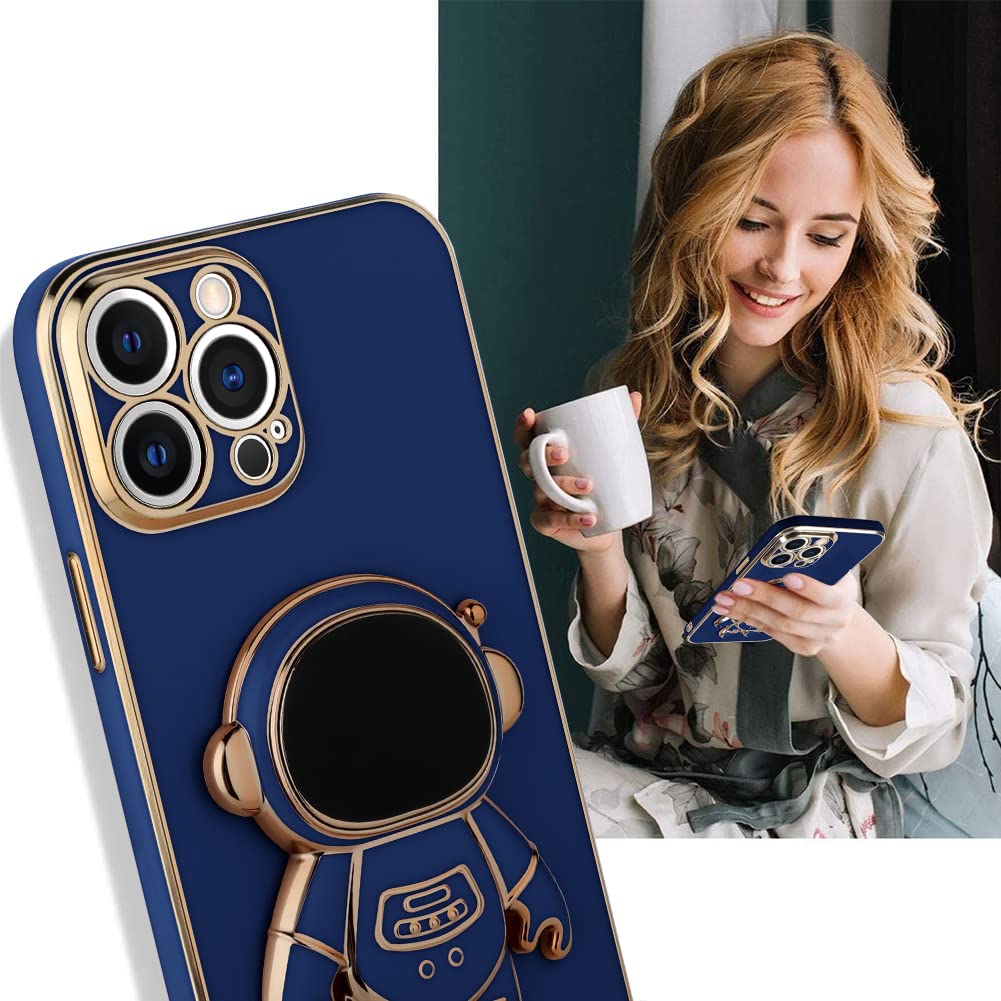 AIGOMARA 6D Plating Astronaut Hidden Stand Case Cover for iPhone 13 Pro Max Women Astronaut Folding Bracket Kickstand iPhone Case with Camera Protector Soft TPU Shockproof Bumper 6.7 in - Navy Blue