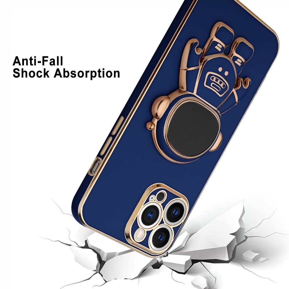 AIGOMARA 6D Plating Astronaut Hidden Stand Case Cover for iPhone 13 Pro Max Women Astronaut Folding Bracket Kickstand iPhone Case with Camera Protector Soft TPU Shockproof Bumper 6.7 in - Navy Blue