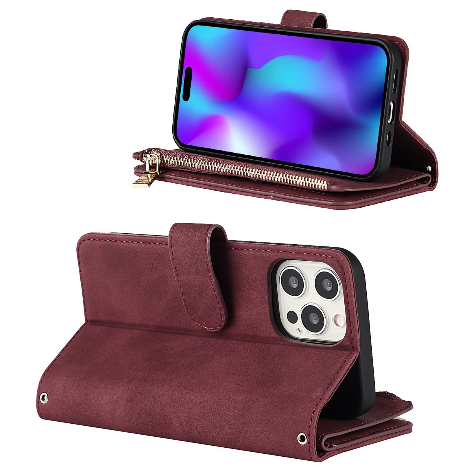 Jaorty for iPhone 14 Pro Max Phone Wallet Case for Women with Credit Card Holder,for iPhone 14 Pro Max Crossbody Case with Strap Lanyard, Zipper Pocket PU Leather Cases,6.7 Inch,Burgundy