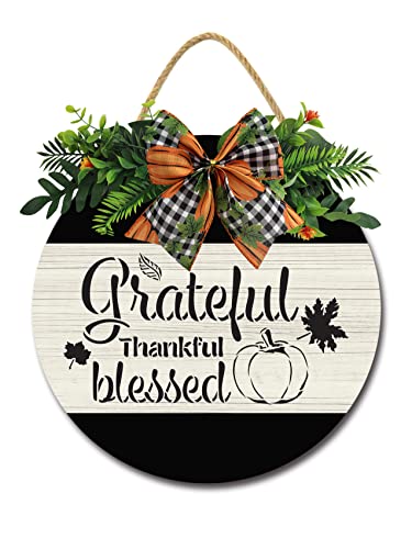Grateful Thankful Blessed Sign Front Door Porch Decorations, Round Rustic Wood Hanging Sign for Farmhouse Porch Outdoor Home Holiday Front Door Sign Decor