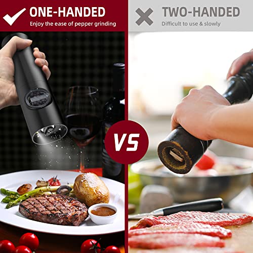 TLCCV Electric Salt and Pepper Grinder Set Rechargeable Automatic Black Salt & Pepper Mill 2 Pcs with Charging Base, Type-C USB Cables, LED Lights, Adjustable Coarseness, One Hand Operation