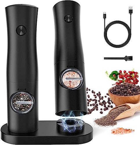 TLCCV Electric Salt and Pepper Grinder Set Rechargeable Automatic Black Salt & Pepper Mill 2 Pcs with Charging Base, Type-C USB Cables, LED Lights, Adjustable Coarseness, One Hand Operation