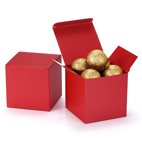 Quotidian Red Foldable Medium Vintage Italian Pearlescent Paper Glitter Gift Boxes with Lids 3" x 3" x 3" (7.6 x 7.6 x 7.6cm) Pack of 12 - Cookie Bakery Candy Party Wedding Holiday